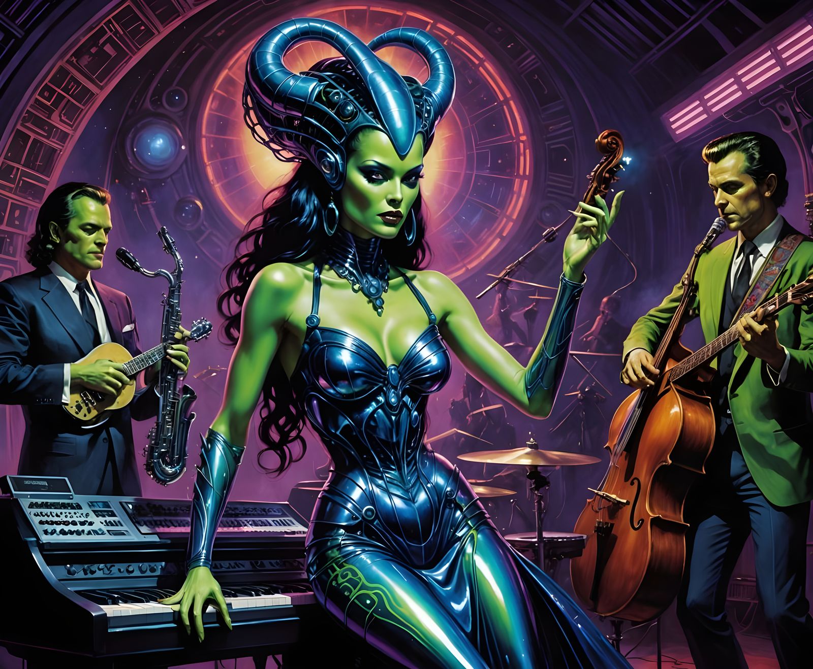 Glamorous Alien Pin-Up Goddess Shines on Cyberpunk... - AI Art