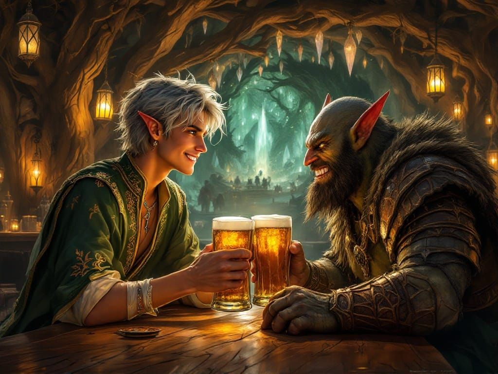 Sharing a Drink 250316A - Elegant Elf Shares Ale with Orc in...
