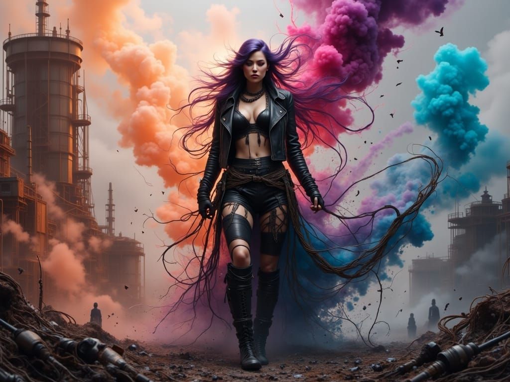 Cyberpunk Warrior Disintegrates into Ash amidst To... - AI Art