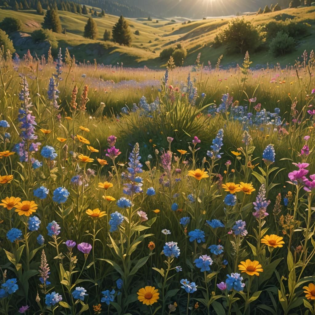 Serene Wildflower Meadow in Fantasy Style - AI Art