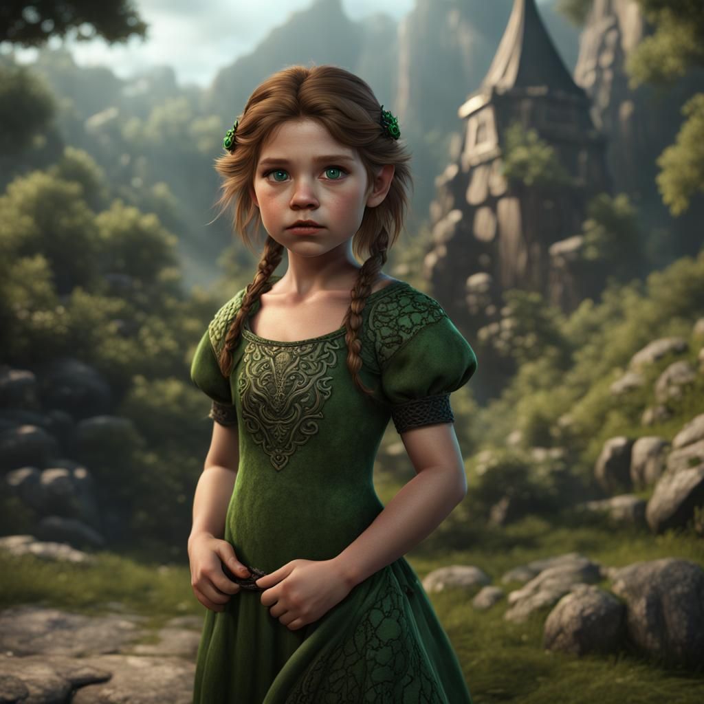 Halfling girl with brown hair and green eyes, wearing a green dress ...