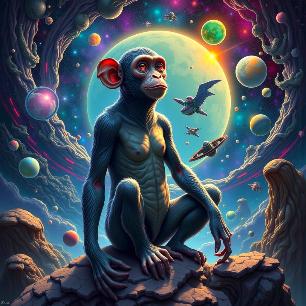 Intriguing Perch - Cosmic Monkey Perched in Futuristic Lands...