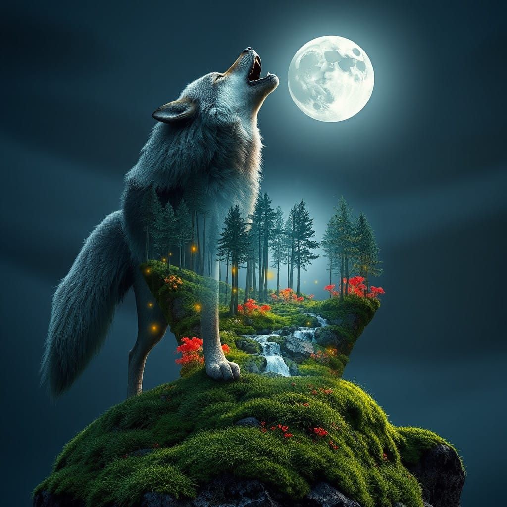 Wolf in Moonlit Forest, Glowing Fireflies and Stre... - AI Art