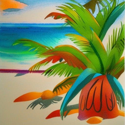 Tropical beach Splash art folk art impasto watercolor pencil sketch ...