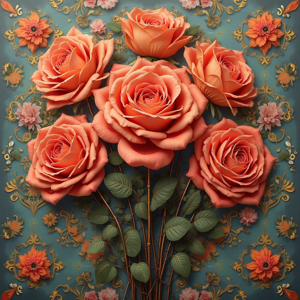 Surreal Copper Rose Bouquet in Digital Pop Art - AI Art