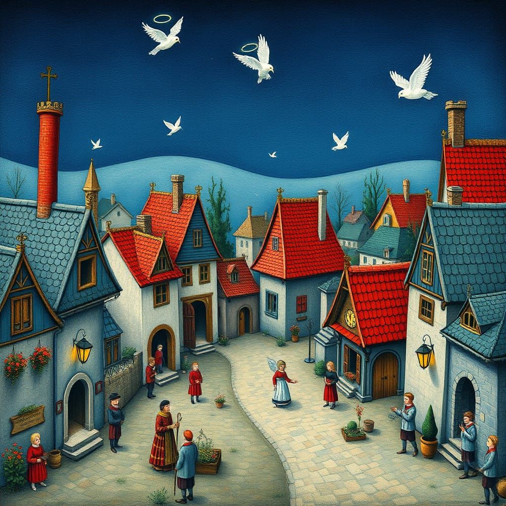 Villagescape. Like a medieval pastel painting...