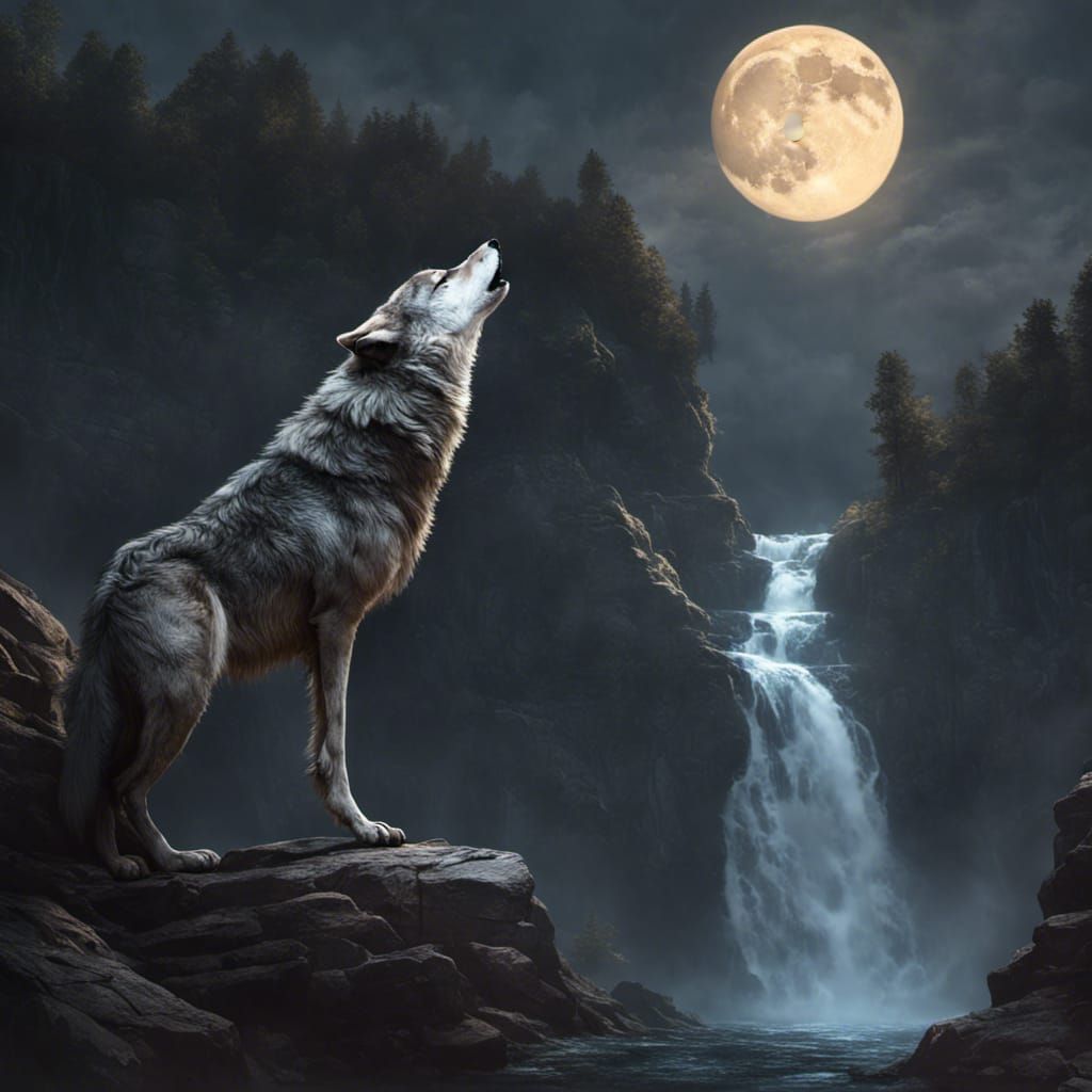 Wolf howling on cliff by a waterfall with a full moon - AI Generated ...