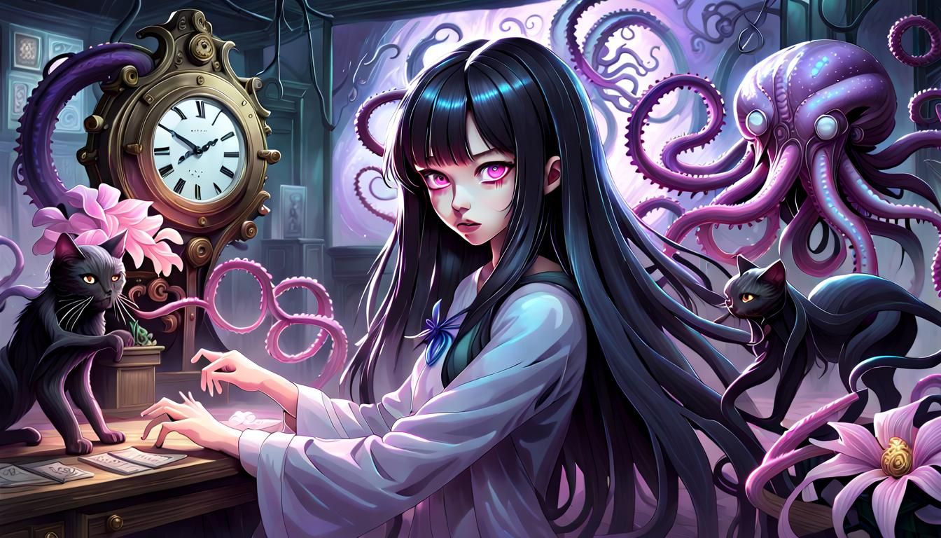 sadako flower eldritch black cats fighting clockwork workshop - AI Generated Artwork - NightCafe ...