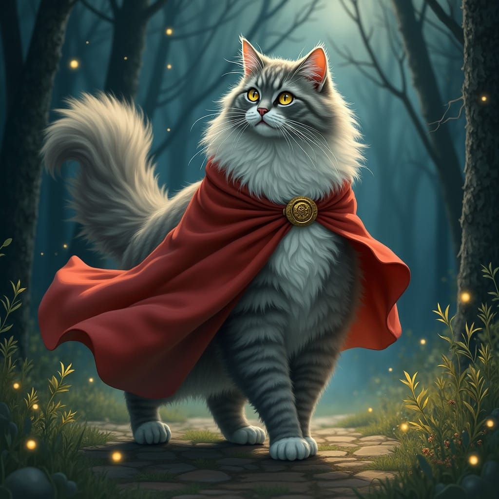walking Maine Coone cat wearing cape - AI Art