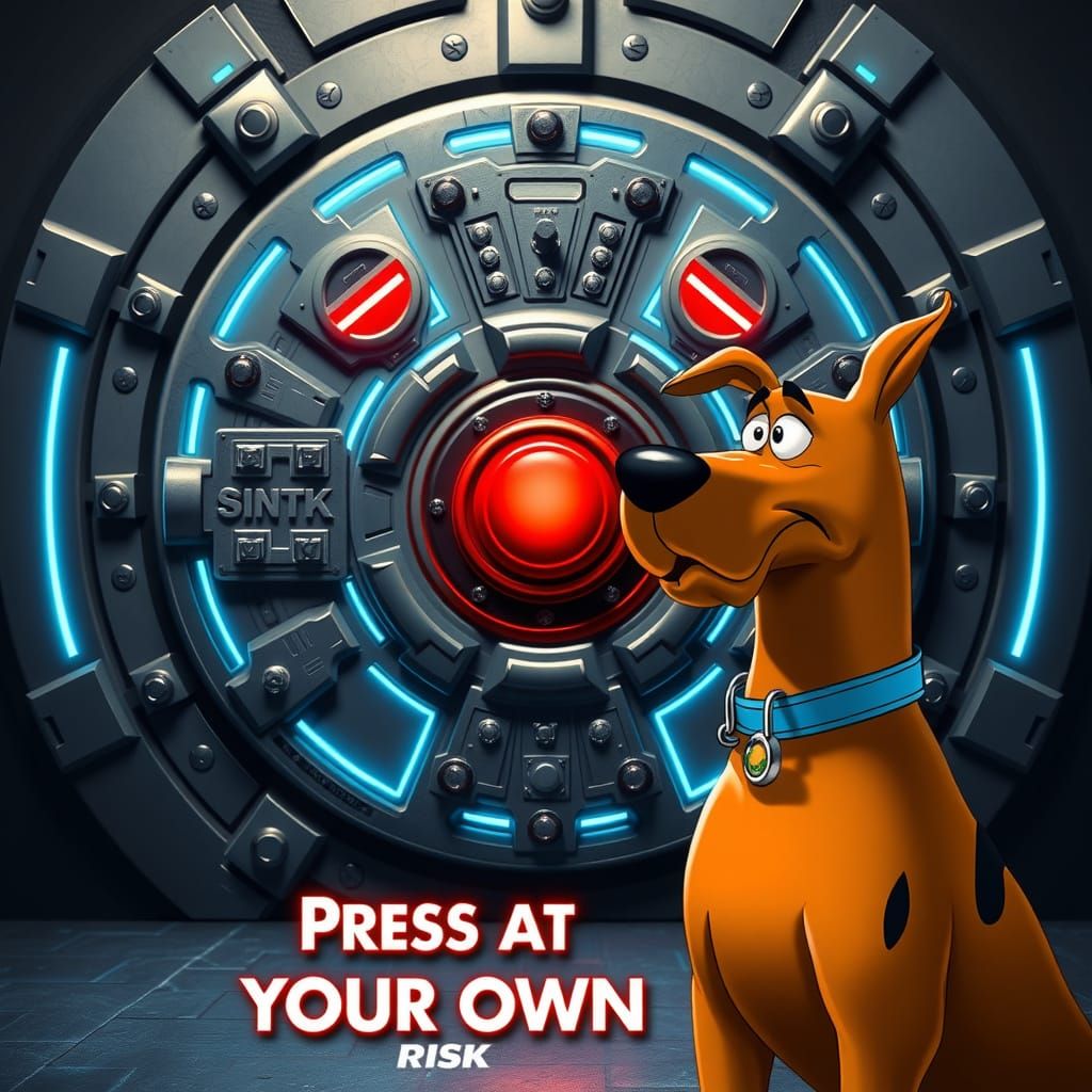 A terrified and confused looking Scooby doo staring on a luminous red ...