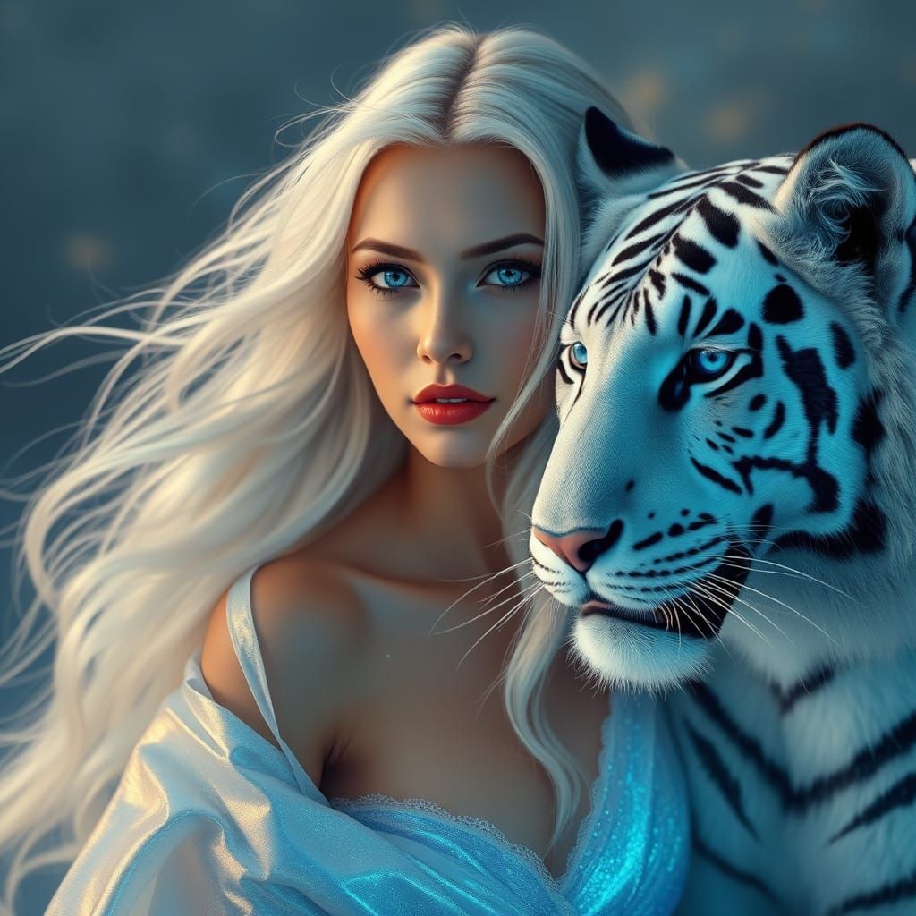 A resplendent Pleiadian woman with sapphire-hued eyes and cascading, luminous white-blonde hair ...