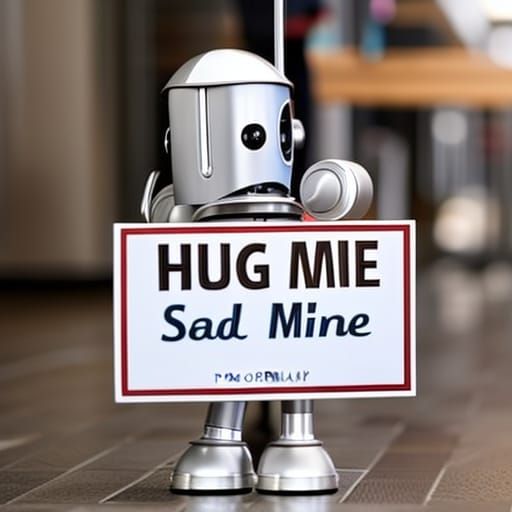 Hyper realistic Sad robot holding a sign that reads “hug me” - AI ...