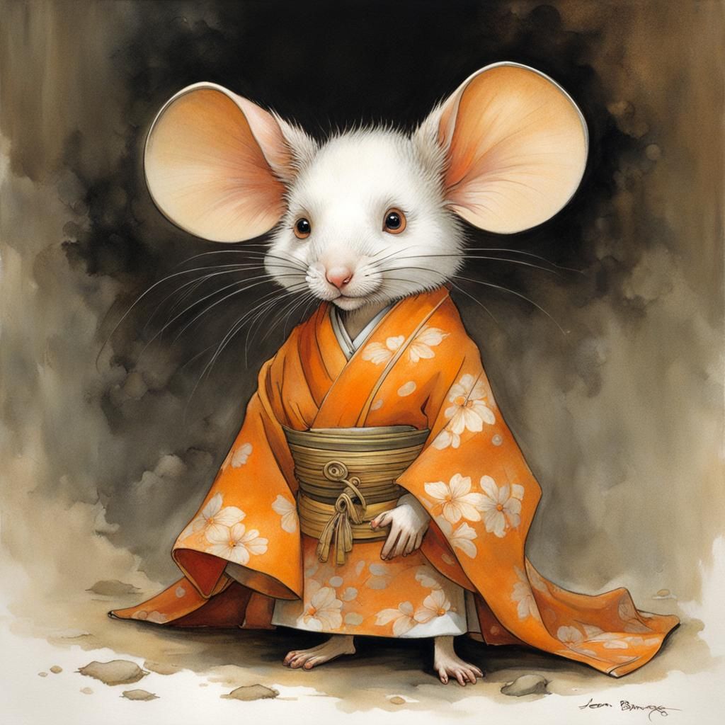 Artist Jean-Baptiste Monge style. A pale orange white humanoid mouse ...