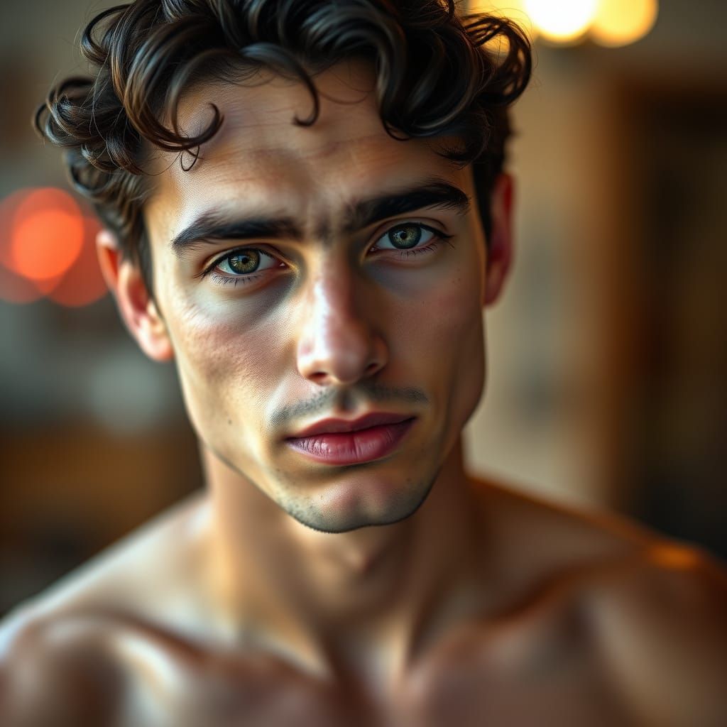 Young Dark-Haired Man in Studio Portrait, Close-Up... - AI Art