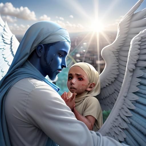 A blue skinned Muslim Angel protects an Injured bleeding Palestinian in ...