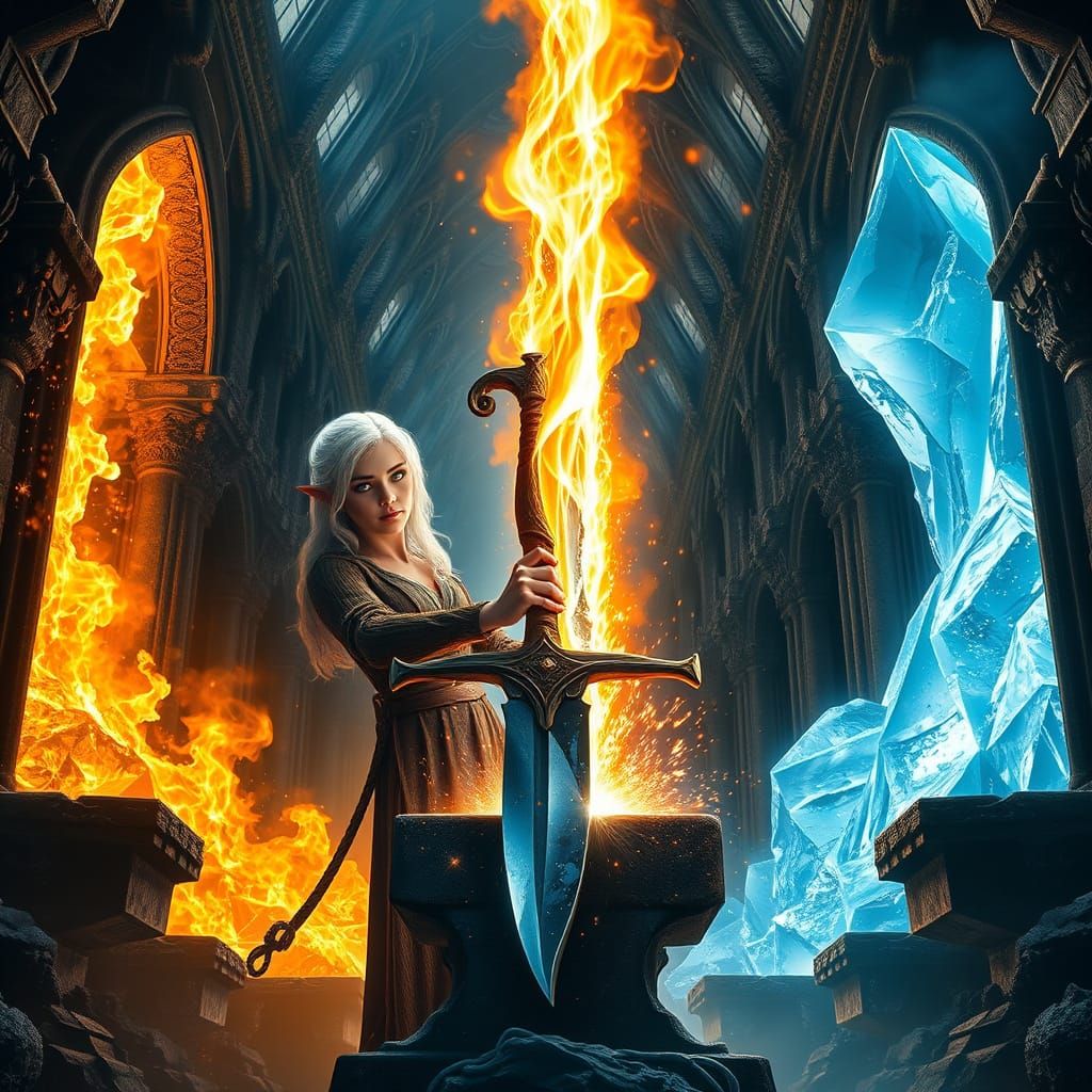 The elven blacksmith, her silver hair glimmering like starlight, shapes ...