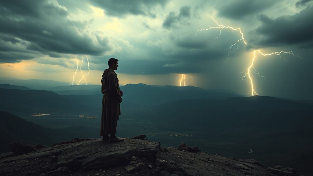 Cain and His Wife in Exile, Under Stormy Skies - AI Art