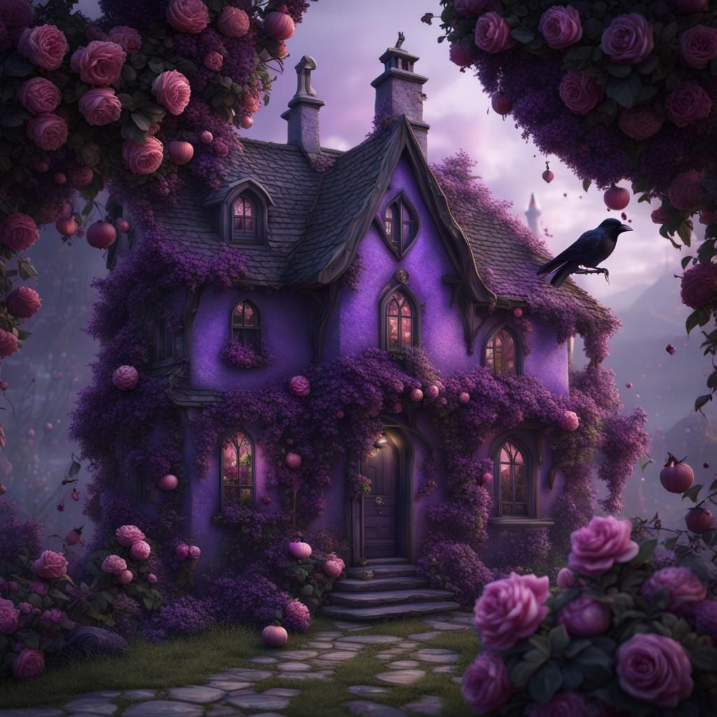 purple whimsical cottage core goth fairy roses ravens pomegranate full ...