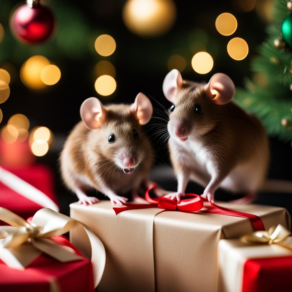 Photograph, Macro, a family of mice celebrating holidays opening ...
