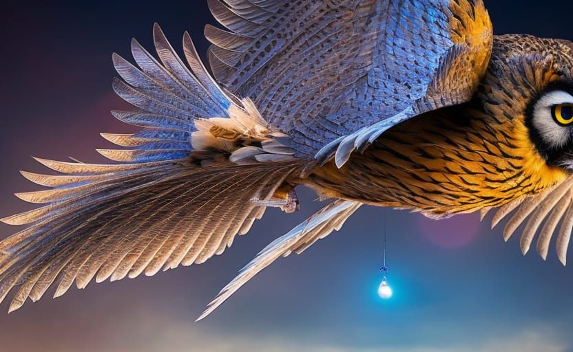 Front view of One intricately detailed centered Owl flying by an ...