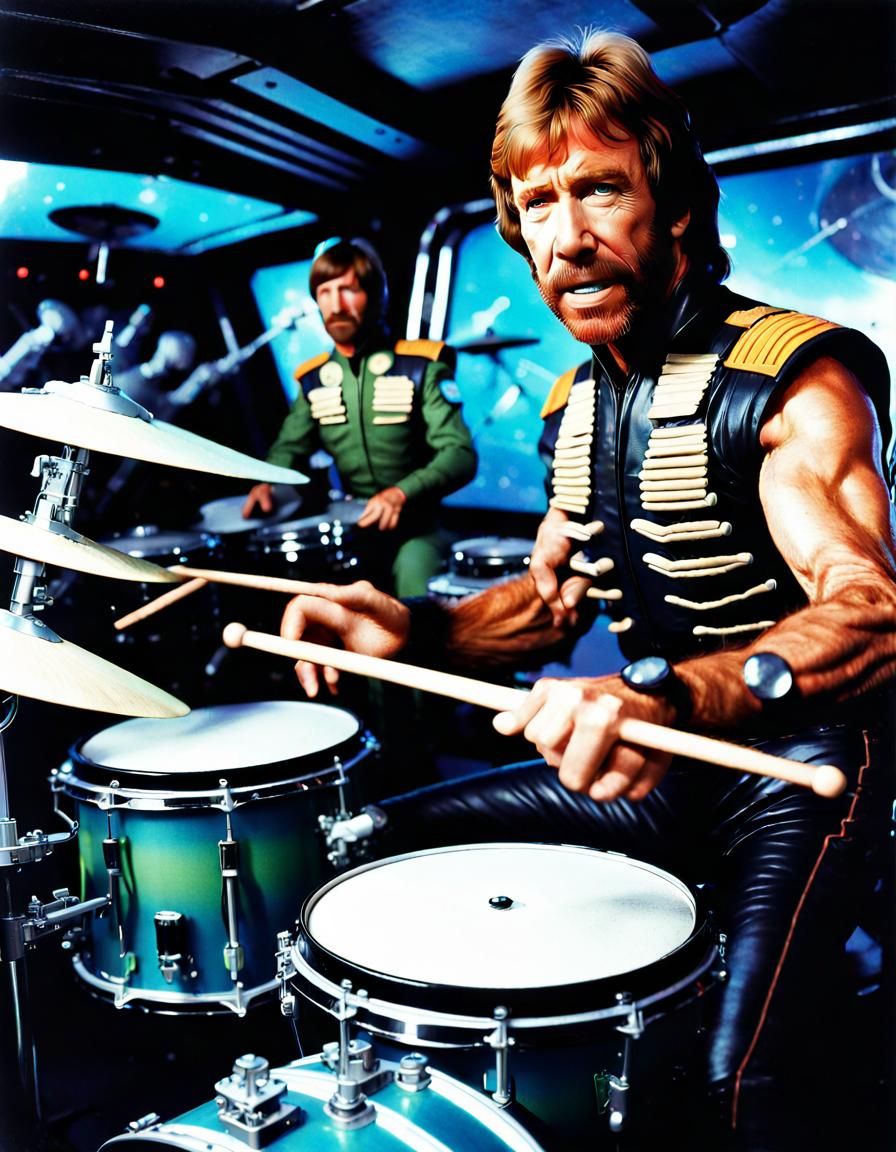 Chuck Norris dressed as an Aliens colonial marine plays a drum kit on ...