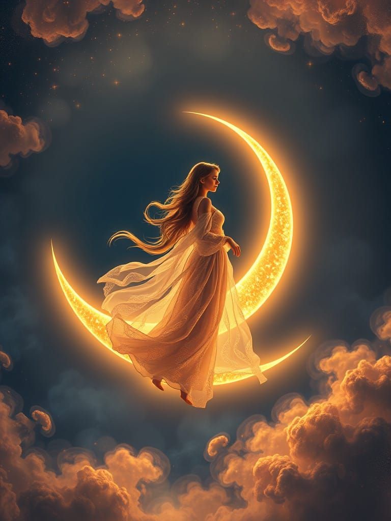 A luminous, 8k resolution matte painting of a resplendent, moon-shaped ...