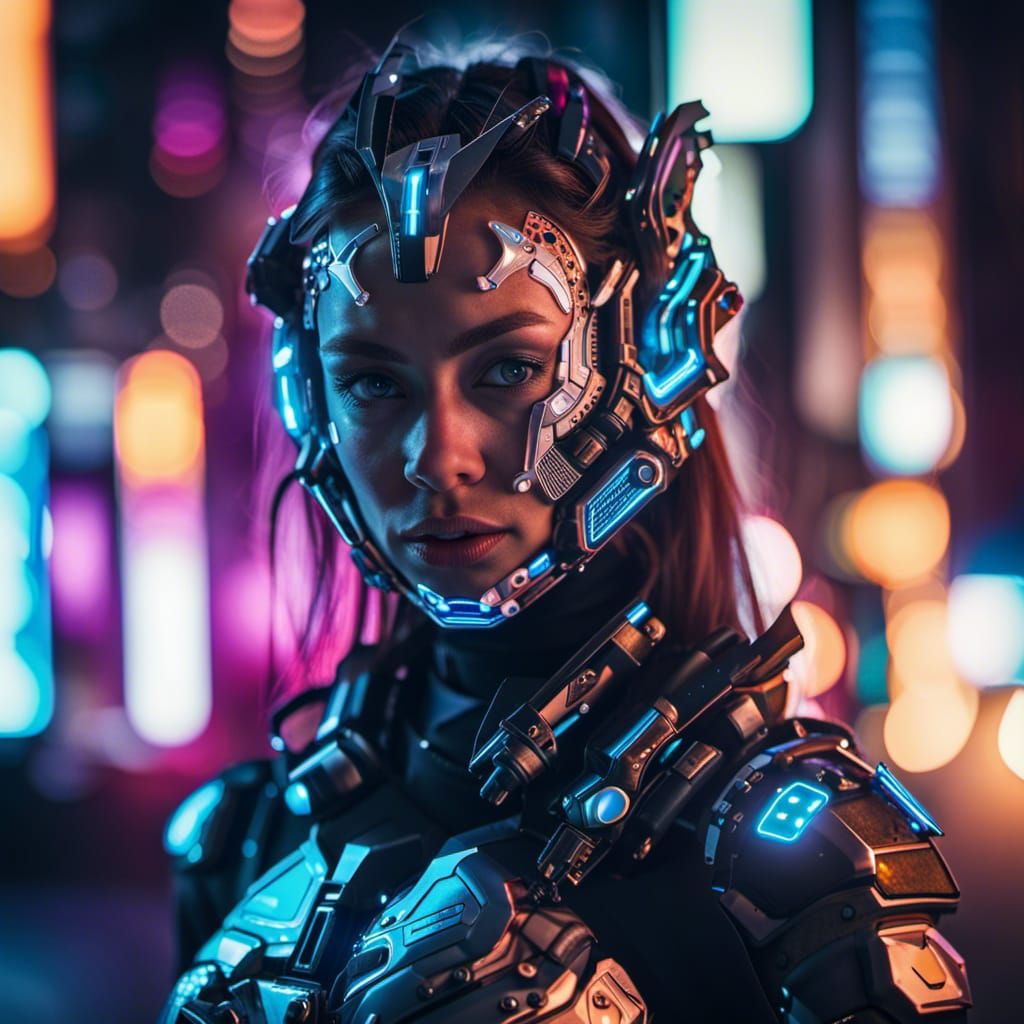 Portrait of a cyborg girl in a neon city - AI Generated Artwork ...