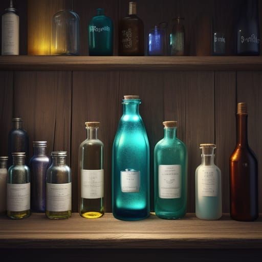 Magic potion bottles with runes are marked on the label