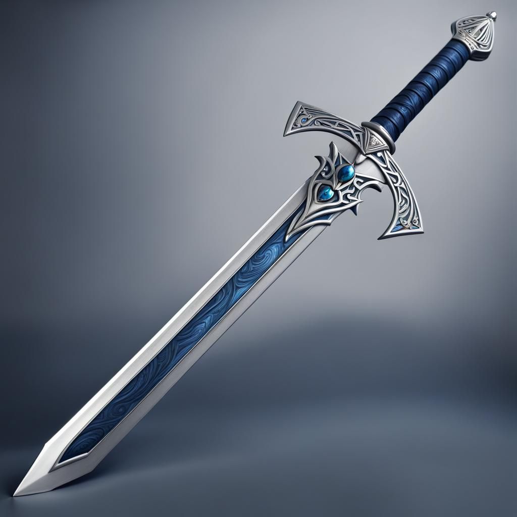 A fully silver sword with a dark blue Fabric ribbon on the handle that ...