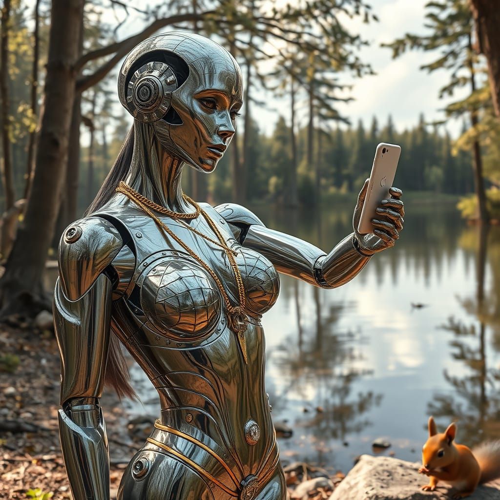 Seductively Beautiful Robot Paints Selfie in Idyll... - AI Art