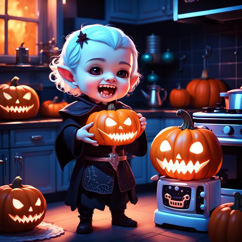 adorable cute Chibi baby Vampire with fangs holding Spooky Kitchen ...