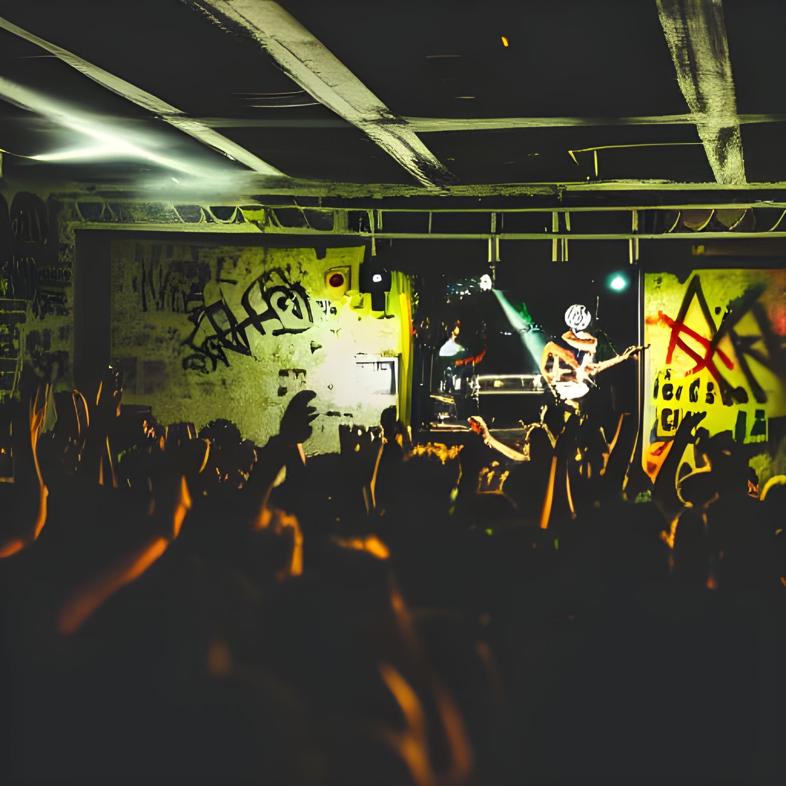 green day, concert, dimly lit, club, smokey, loud, graffiti ...