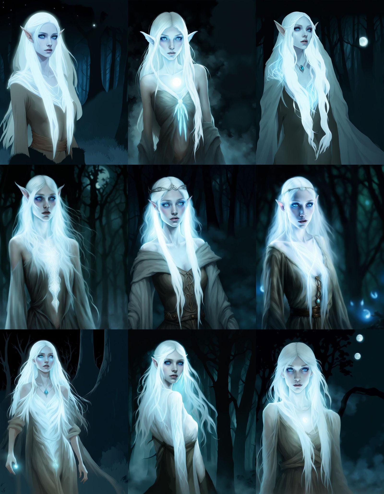 A very thin, ghostly pale elf woman with blue eyes and pale glowing ...
