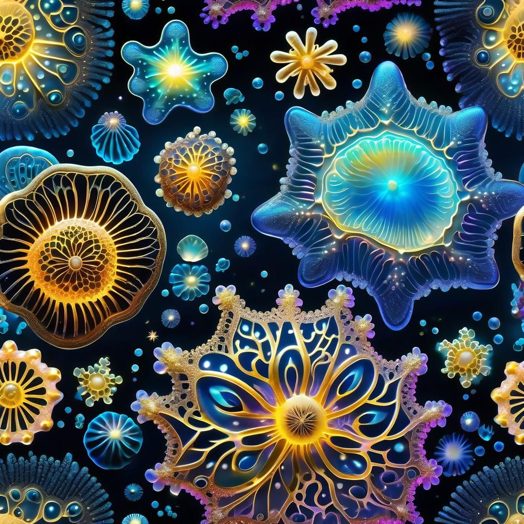 delicate baby Amoeba filled with bioluminescent plants, underwater ...