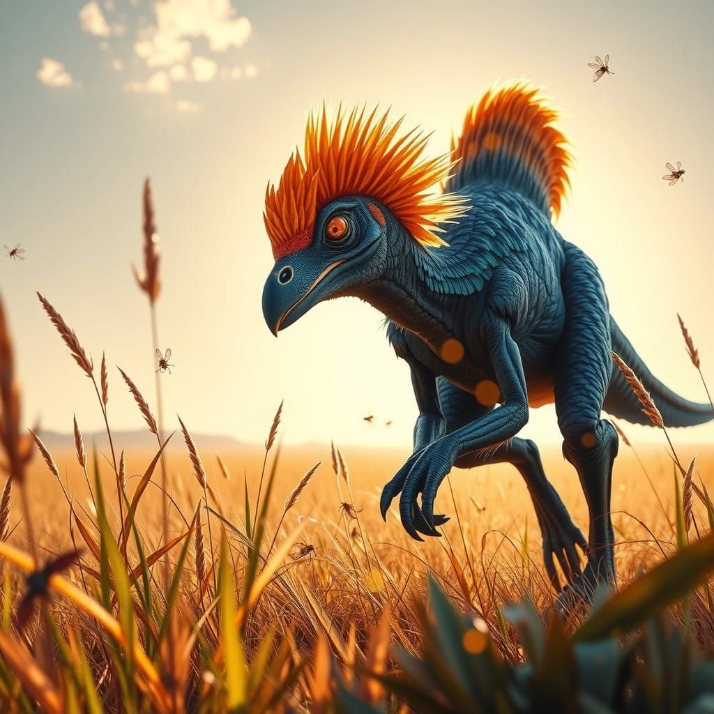 Photorealistic picture of a dinosaur. A majestic, feathered Deinonychus ...