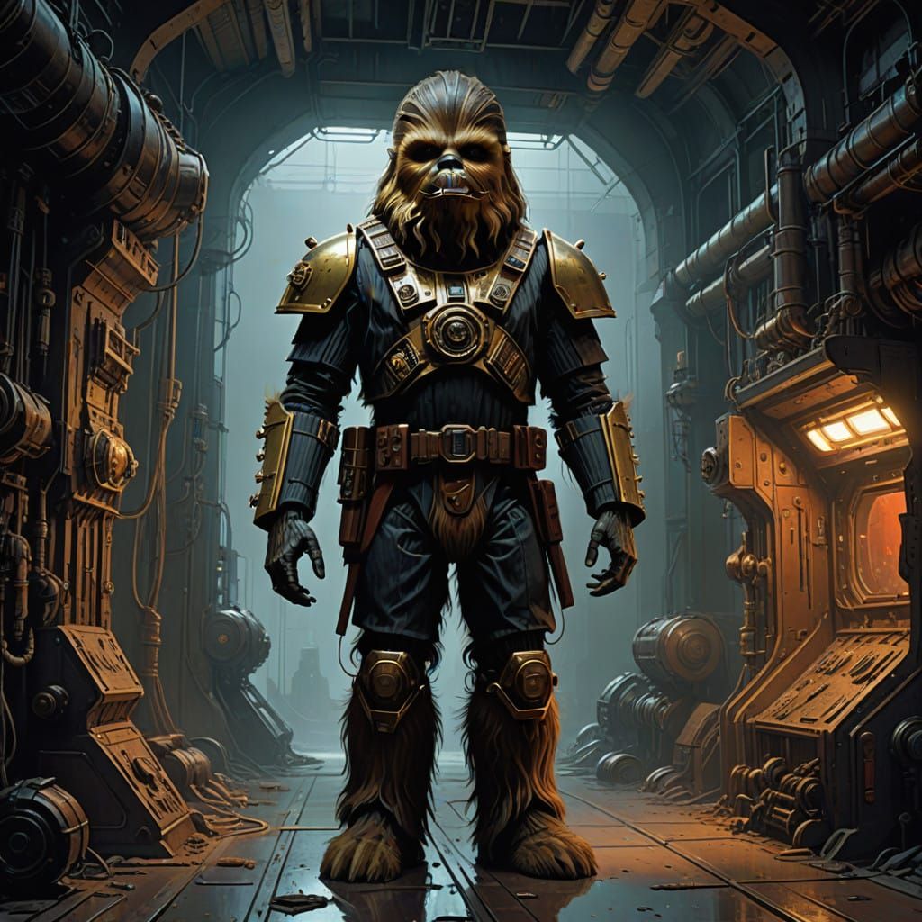 A formidable, steampunk Wookie, wielding a blaster in his hand, adorned ...