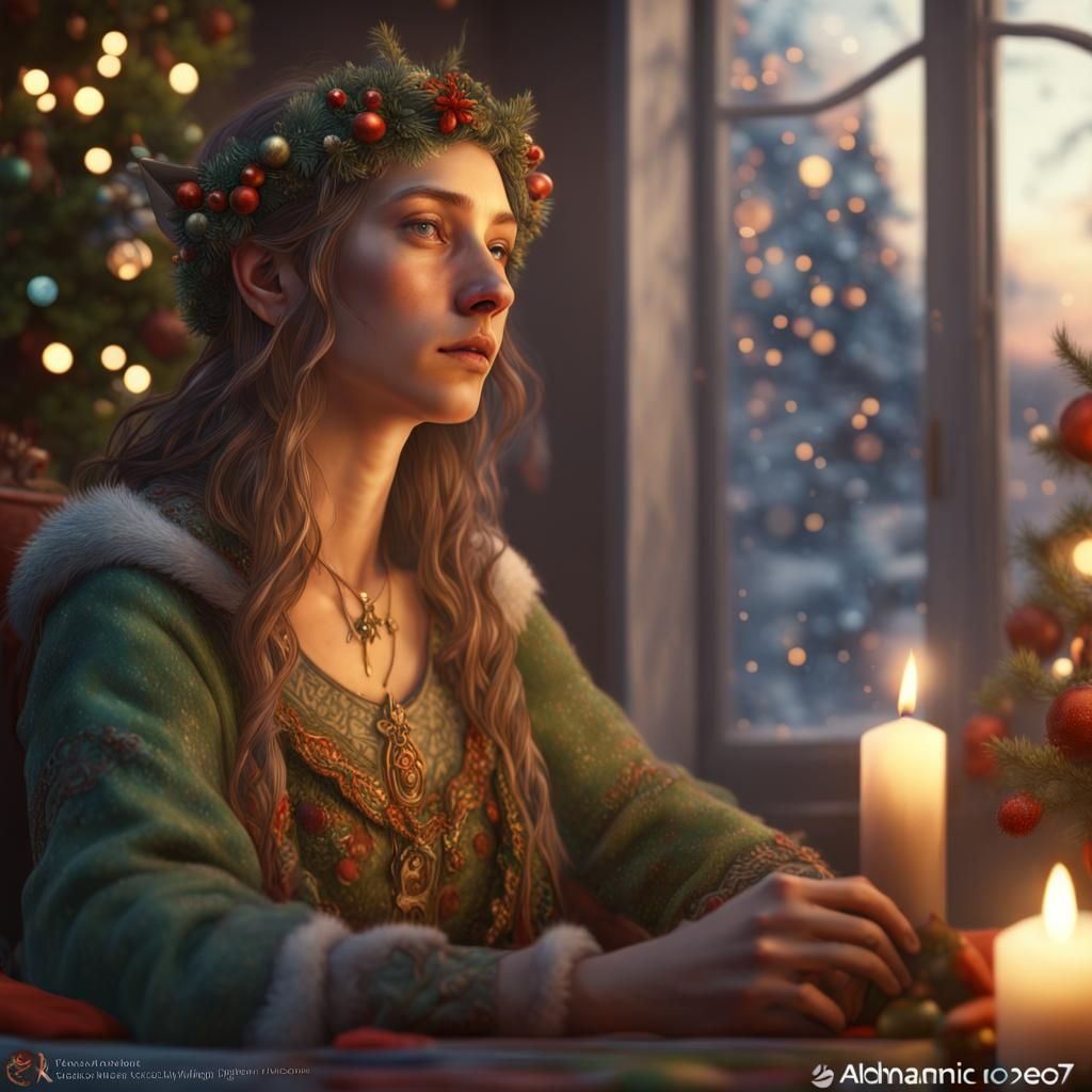 Chistmas Elf portrait light at dawn watercolors 8k resolution concept ...