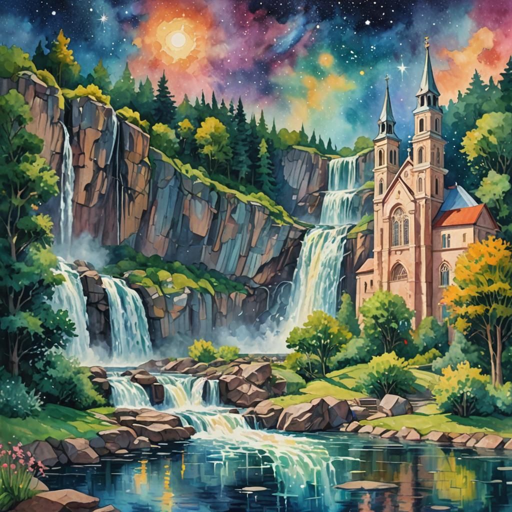 starry summer waterfall and catholic church - AI Generated Artwork - NightCafe Creator