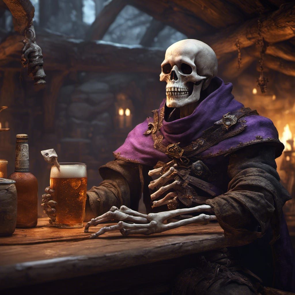 Skeleton warrior having an ale in a medieval inn - AI Generated Artwork ...