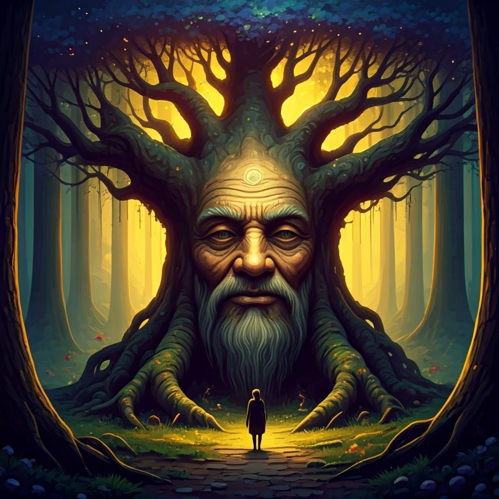 1.. A wise old tree with a face carved into its trunk, standing in the heart of an enchanted ...
