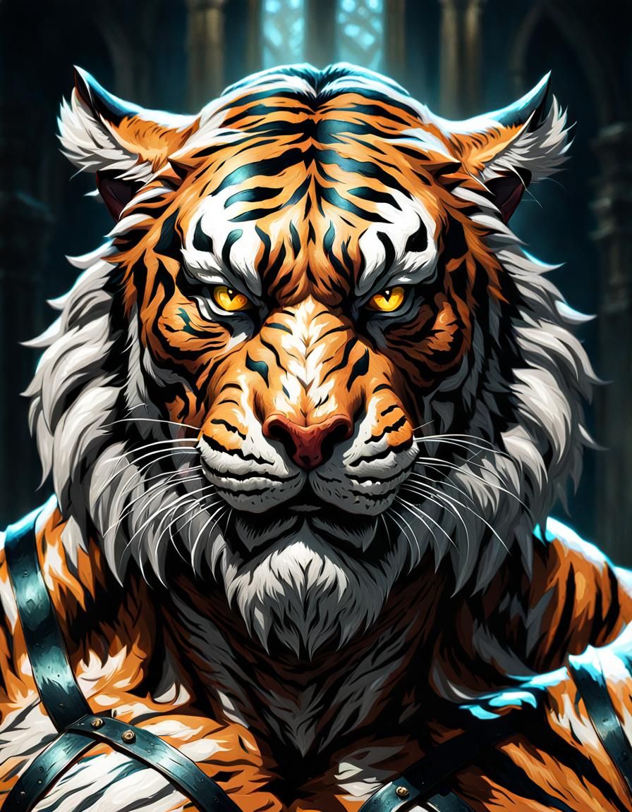 Monster man, beautiful face and eyes, tiger skin, tiger massive muscle ...