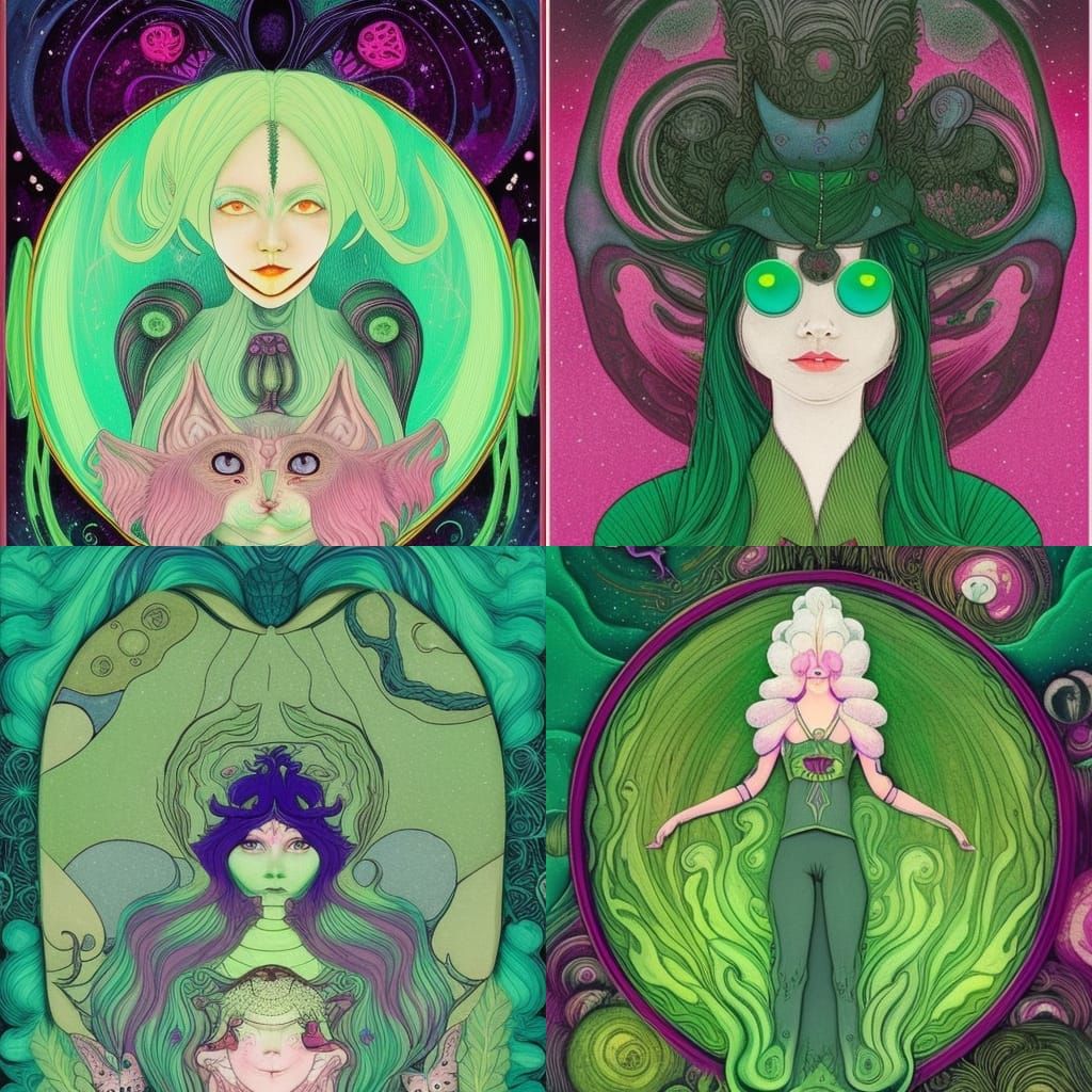 A beautiful psychedelic fantasy sci-fi book cover of a satanic female ...