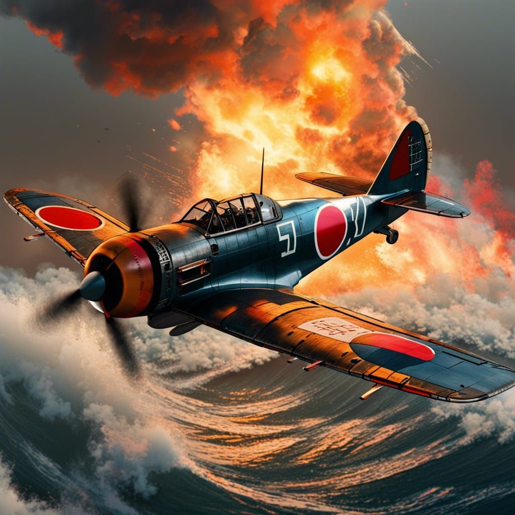 The Japanese Zero fighter over the flames of the Pacific - AI Generated ...