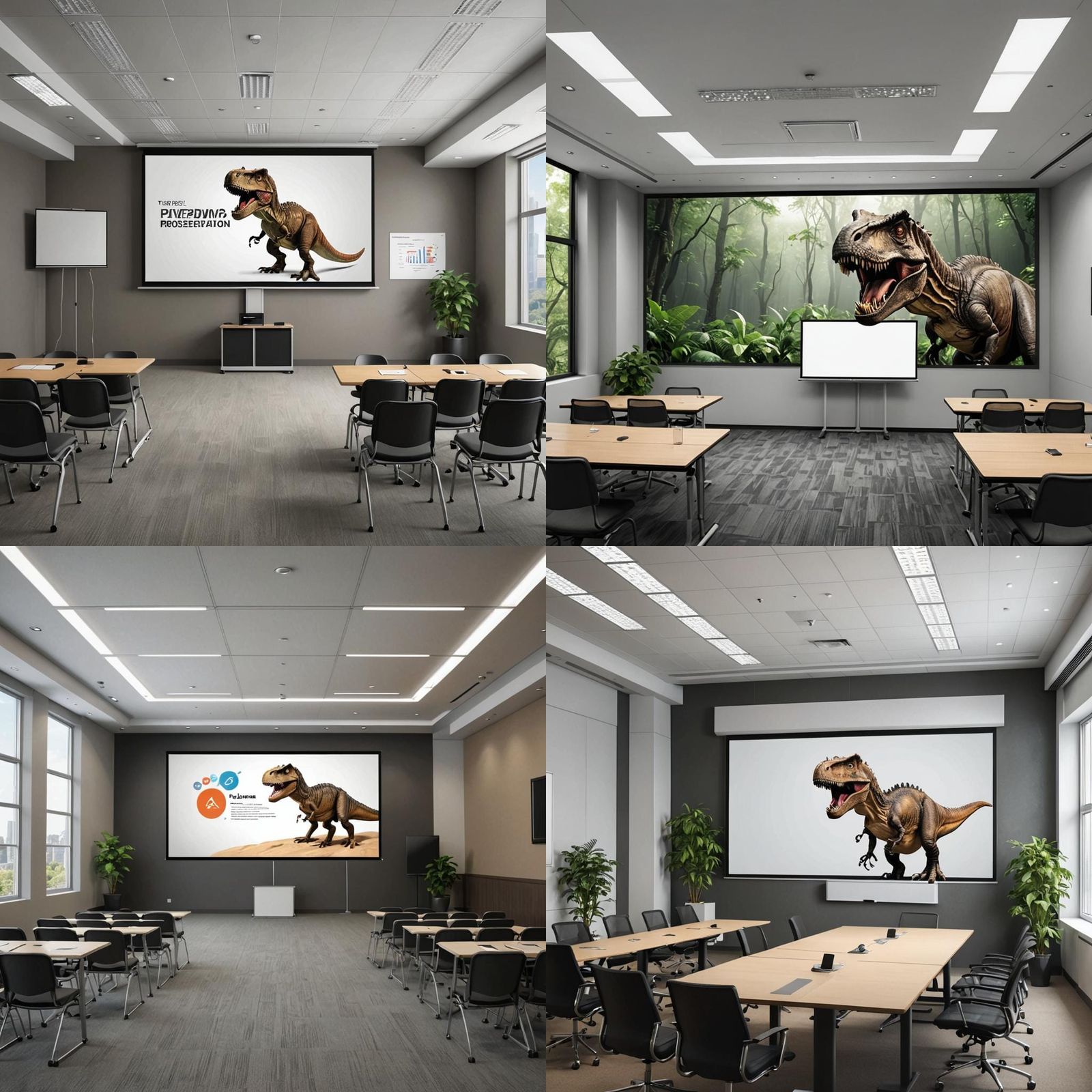 "T-rex presenting powerpoint presentation":2, modern presentation room ...