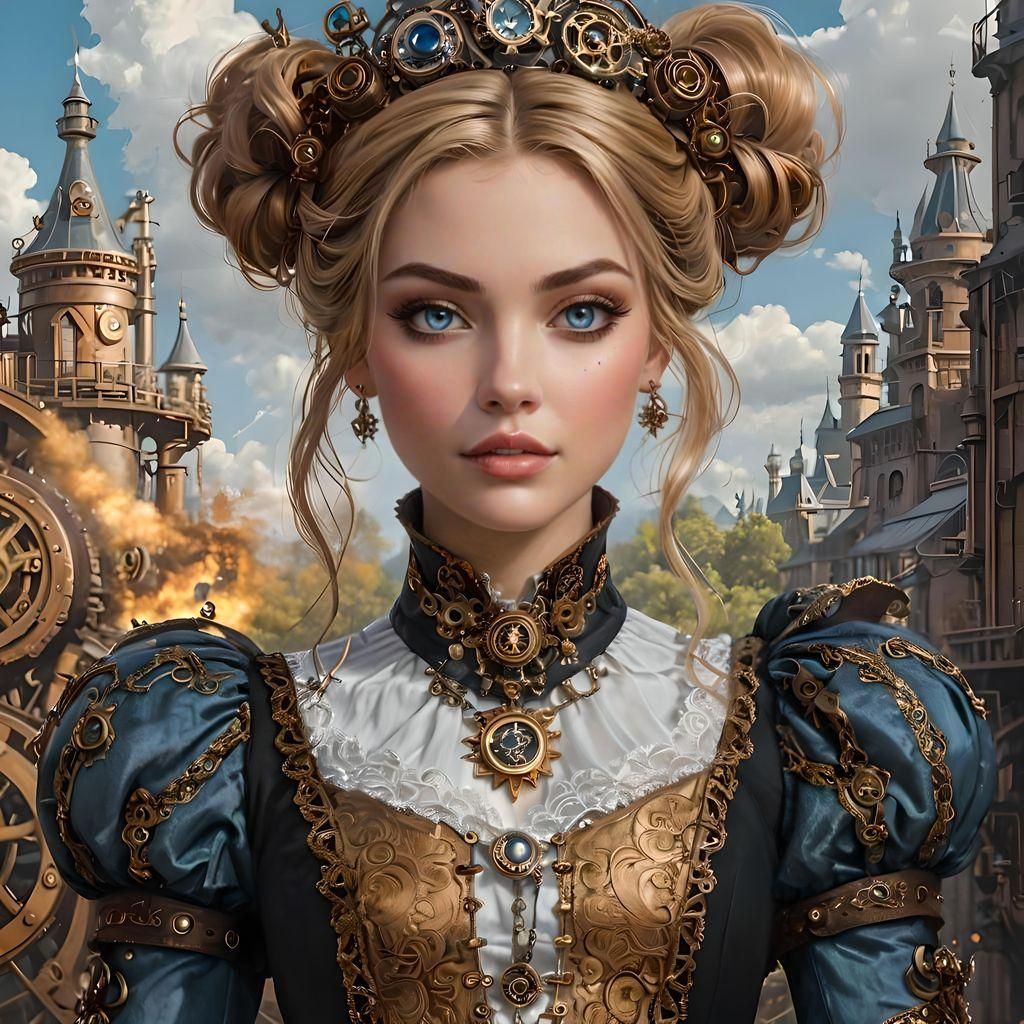 Steampunk Cinderella with Gears and Industrial Chi... - AI Art