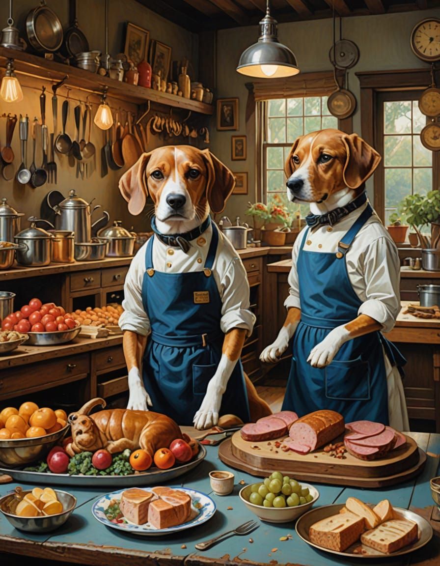 Beagles as Victorian Butchers in Whimsical Contras... - AI Art