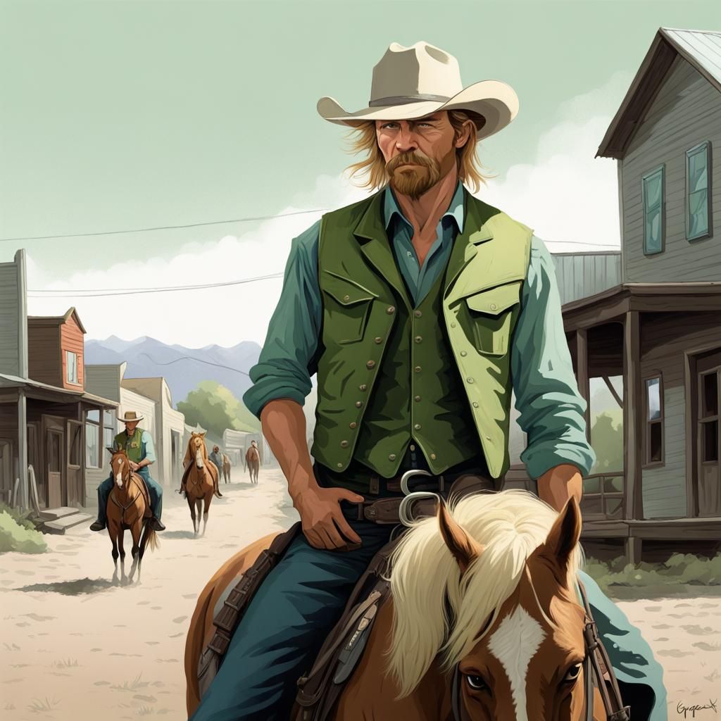 Modern day cowboy arriving to a modern town riding a horse, the cowboy ...
