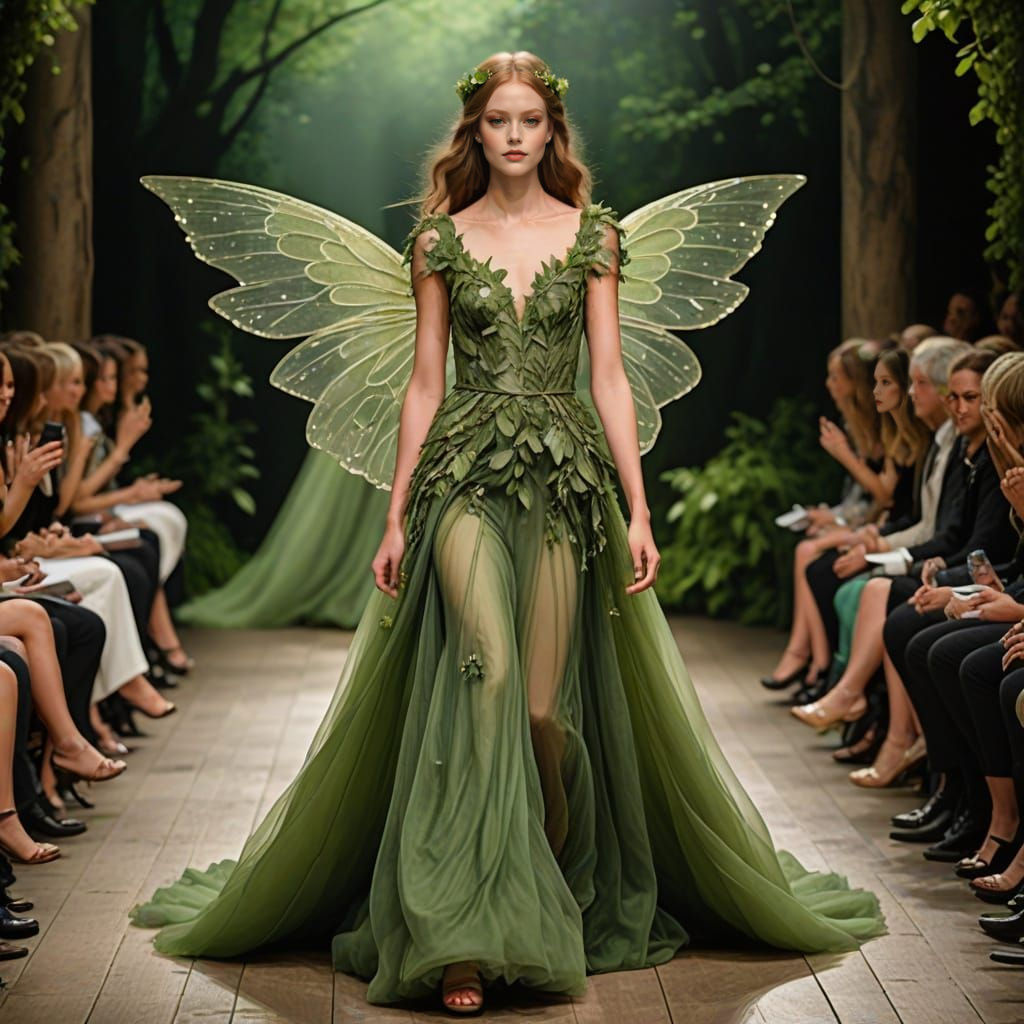 Enchanted Goddess Struts in Whimsical Green Gown - AI Art