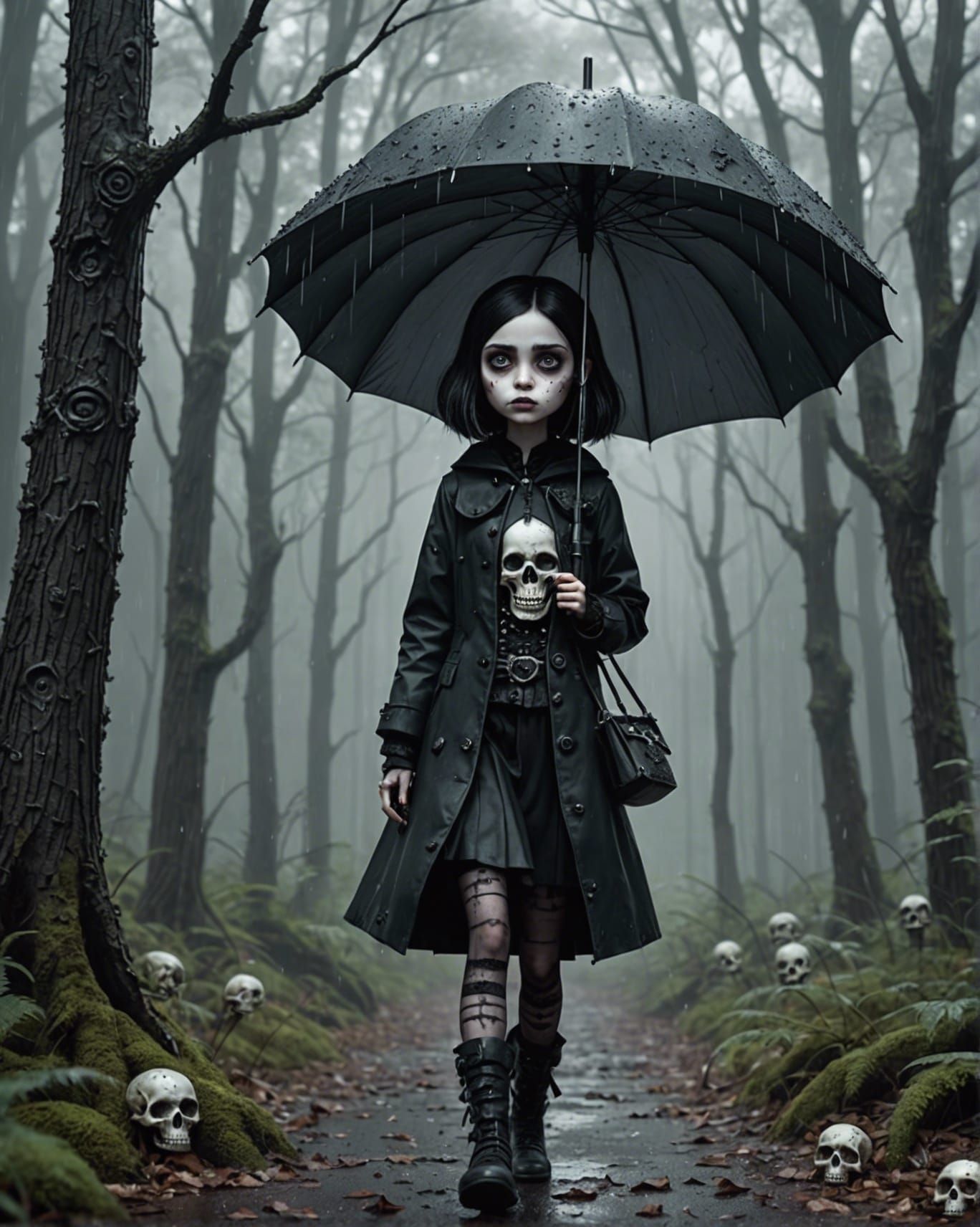 Goth Girl Walking in Skull Woods - AI Generated Artwork - NightCafe Creator