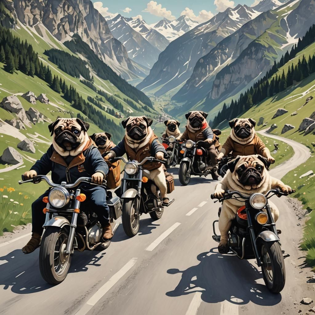 a crew of pugs riding Motorbikes in the alps, academic art - AI ...